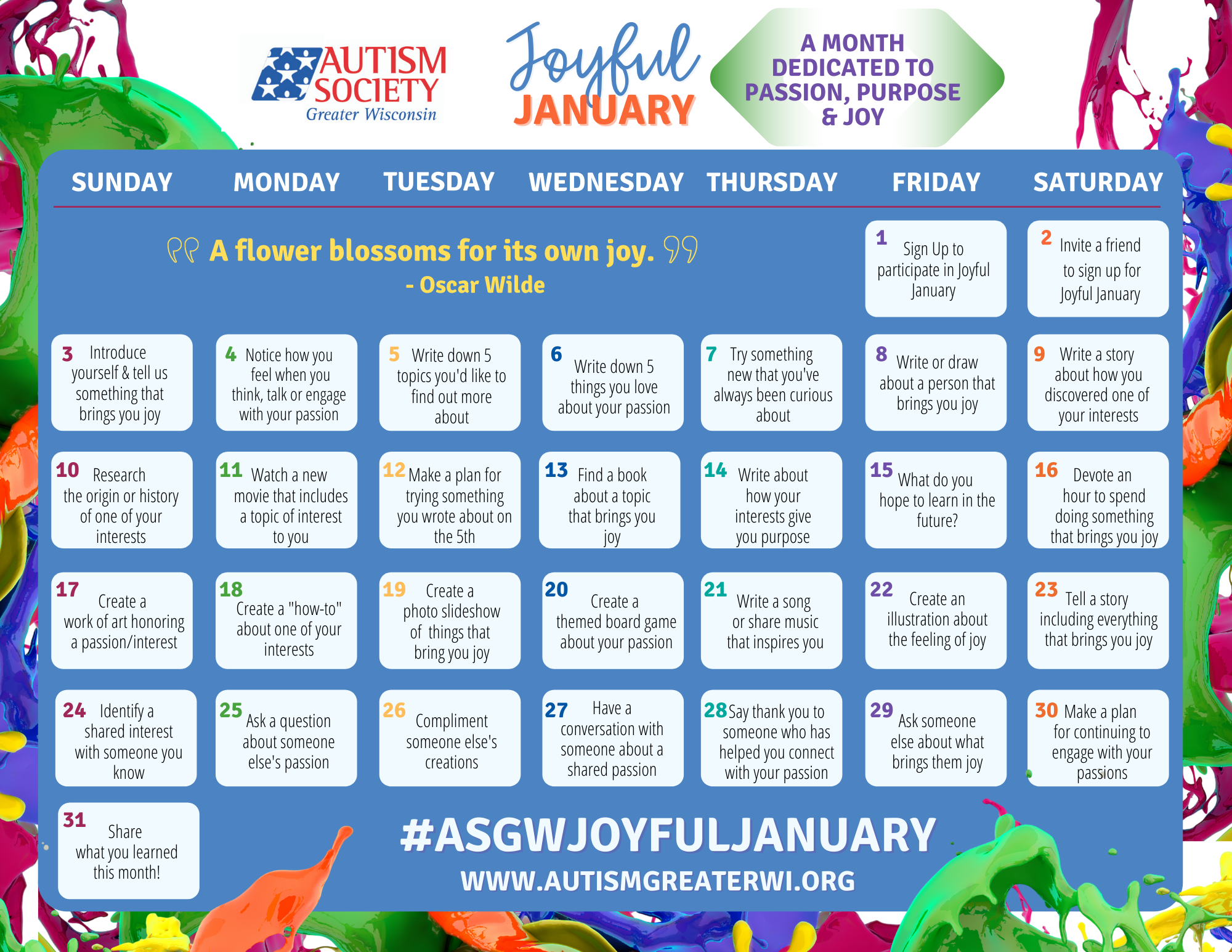 Joyful January Calendar 2021 – Autism Society of Greater Wisconsin